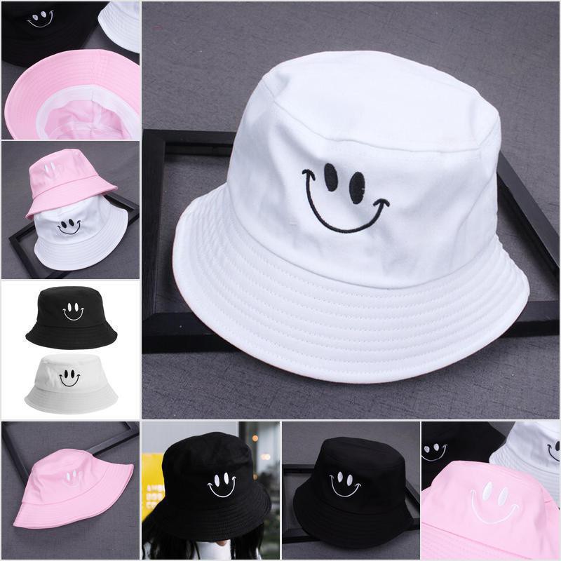 [LHGC] Women Smile Face Embroidery Bucket Hat Outdoor Fishing Sunscreen ...