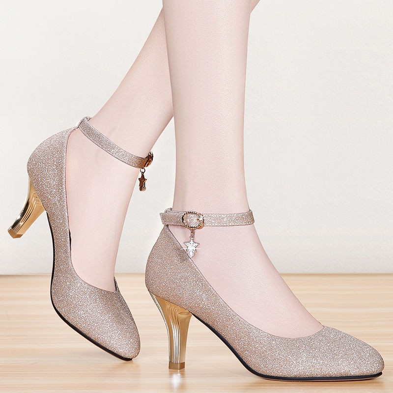 Spring Single Shoes Women 2020 All-Match Rhinestone Wedding Pointed Toe ...