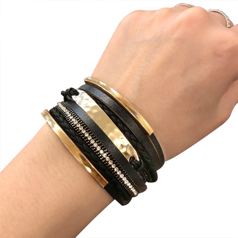 ALLYES Multilayer Leather Bracelet for Men Metal Bar Charm Black ...