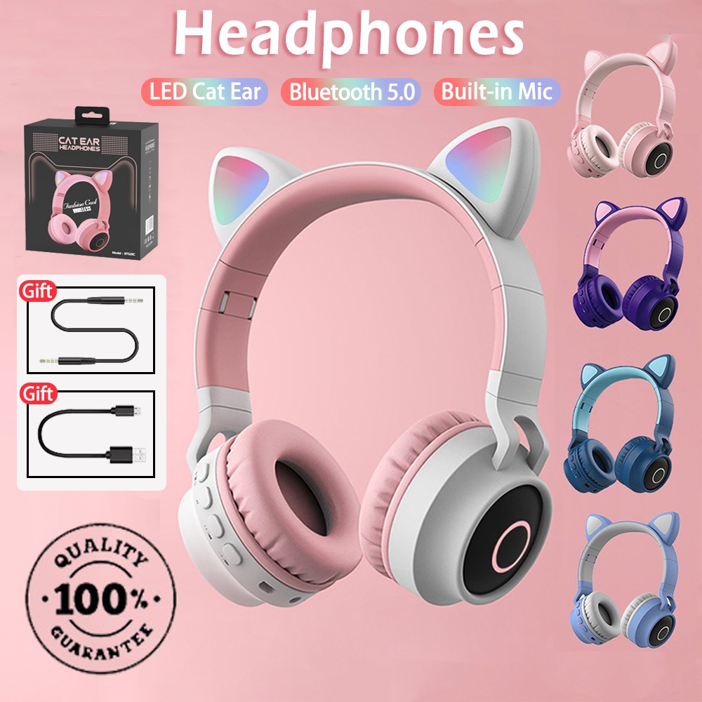 ღღ⚡In Stock⚡LED Bluetooth Wireless Cat Earbuds Folded Earphone With ...