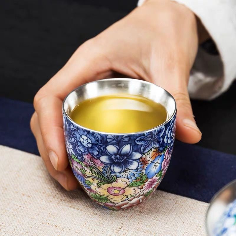 master cup single 999 sterling silver teacup ceramic tea inlay enamel ...