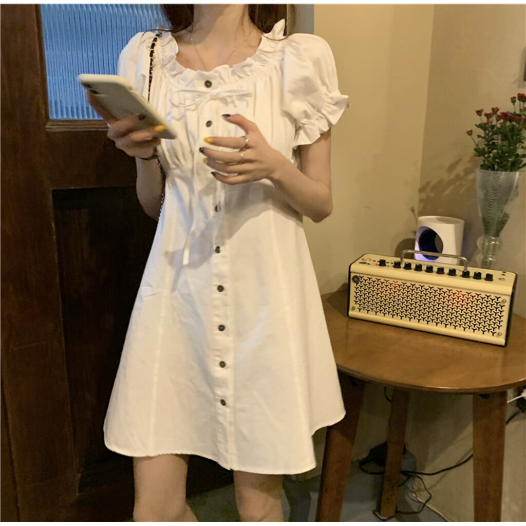 พร้อมส่ง Piki white dress เดรสแขนสั้นสีขาวงานสวย (IN34369 ...