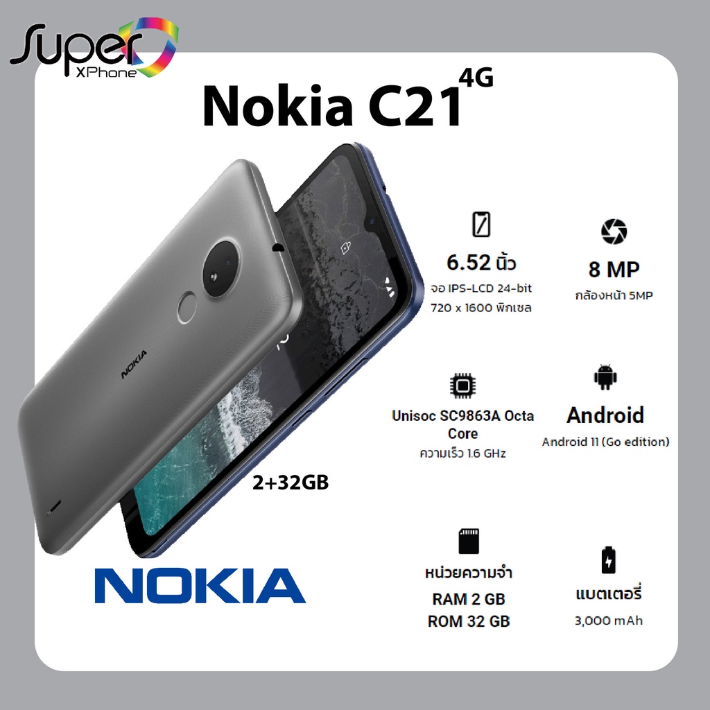 Nokia C21 รุ่น 4G (2+32GB)โดดเด่นทั้งความทนทานและจอขนาดใหญ่ 6.5(By ...