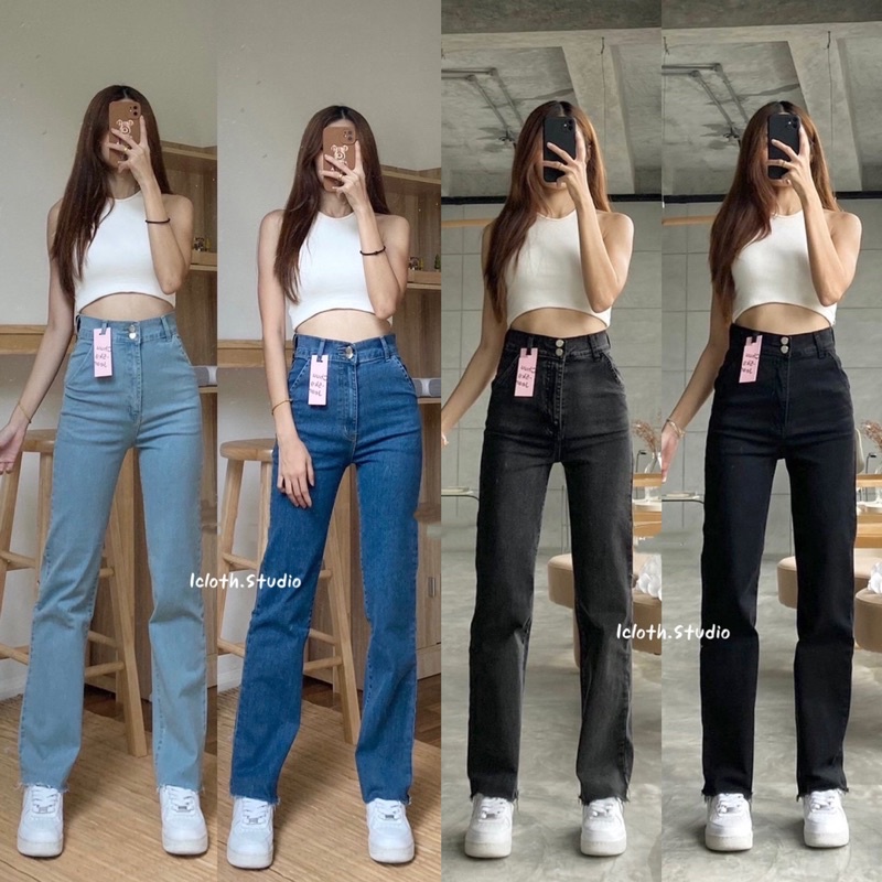 Chuu -5kg New Color️ กางเกงทรงกระบอกสีดำ เอวสูง แต่ง 2 กระดุม สวยเท่ห์มาก - icloth.studio - ThaiPick