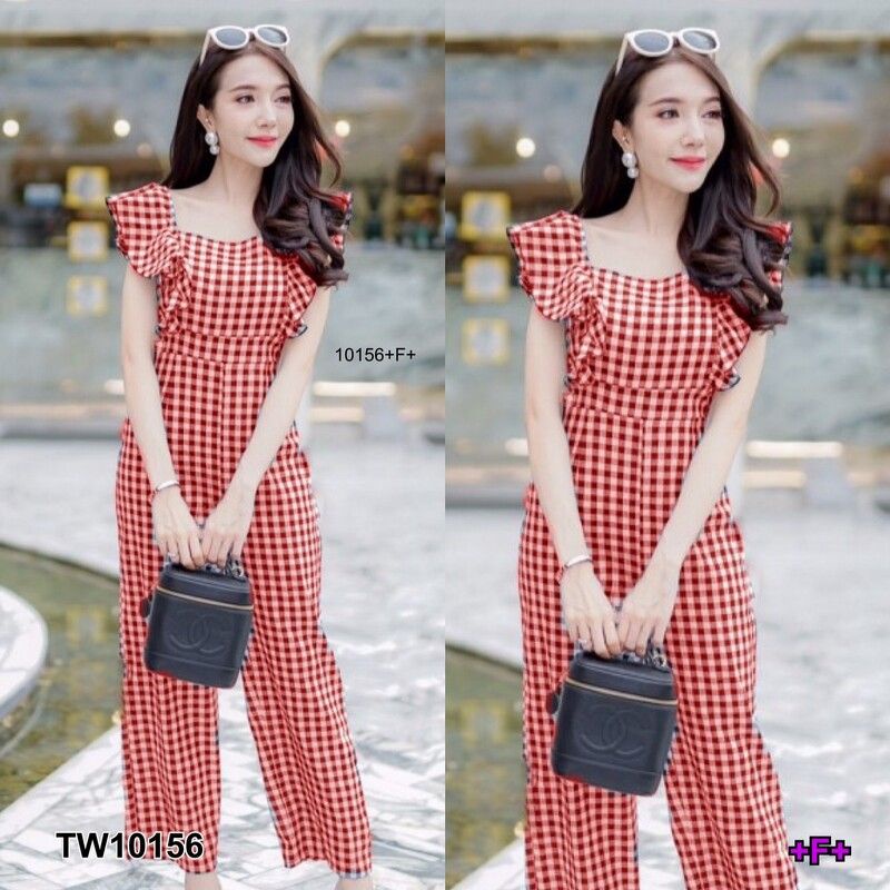 10156 จั๊มสูทขายาว สายเดี่ยวระบาย ลายสก๊อต ทรงเรียบหรู เสื้อผ้าแฟชั่น ...