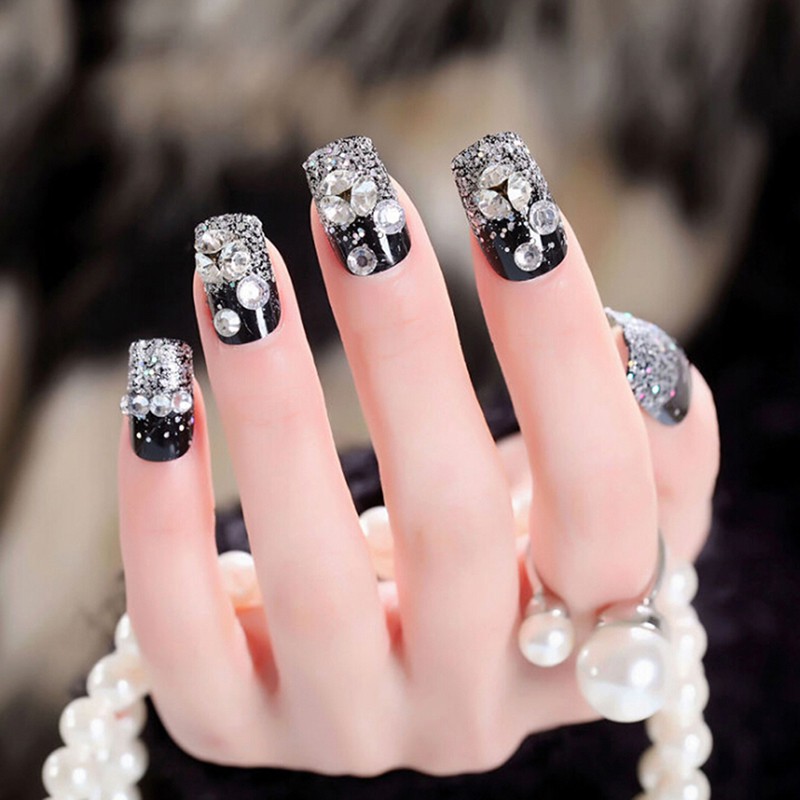【purpleredto】24pcs Black French Nails Full Frame False Nail Tips Full