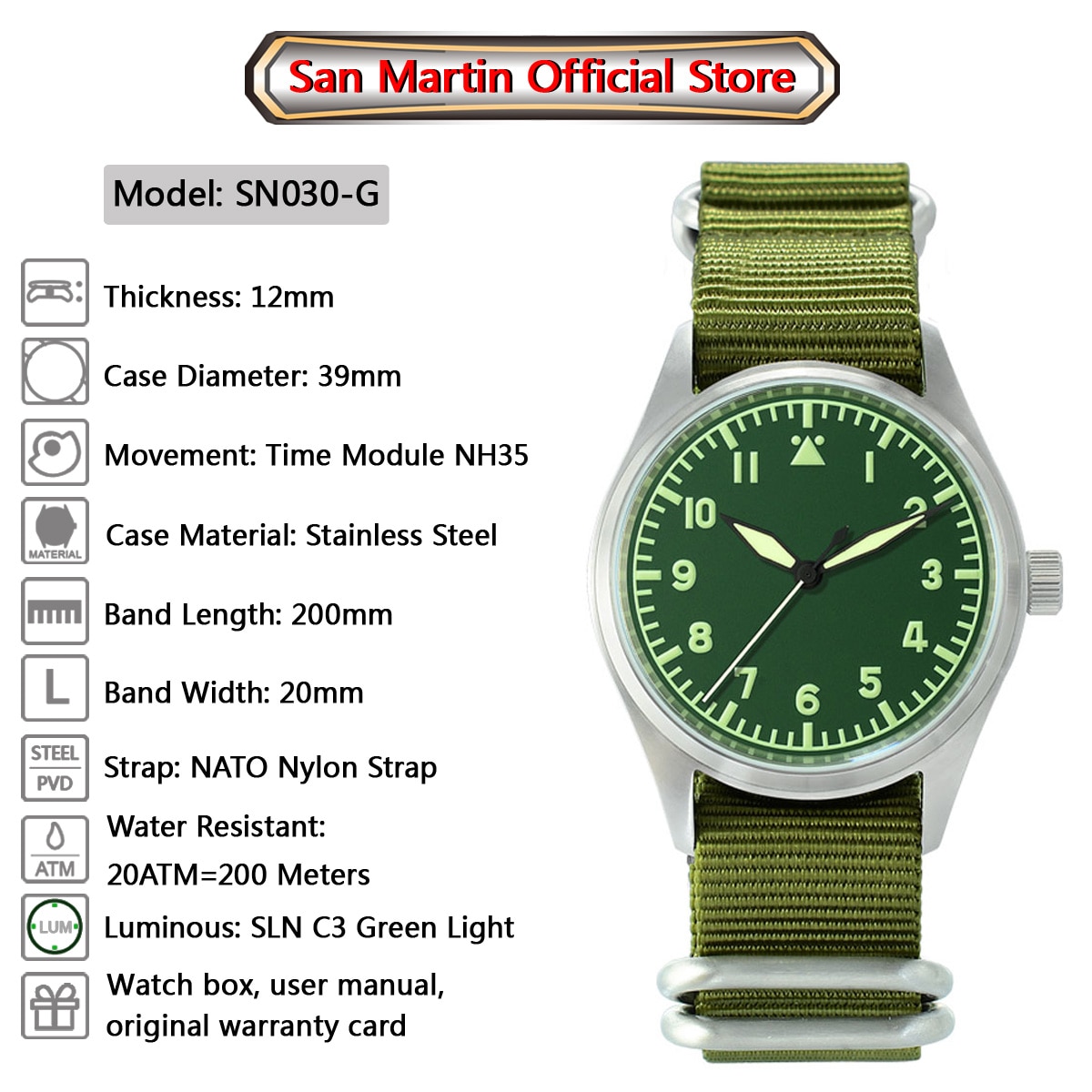 San Martin Military ilot NH35 Men's Automatic Mechanical Watch ...