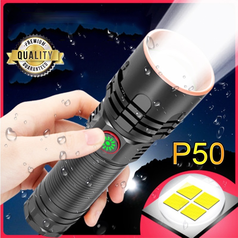 Super Bright P50 LED Flashlight Zoom Flashlight USB Chargeable Torch T6 LED Waterproof ...