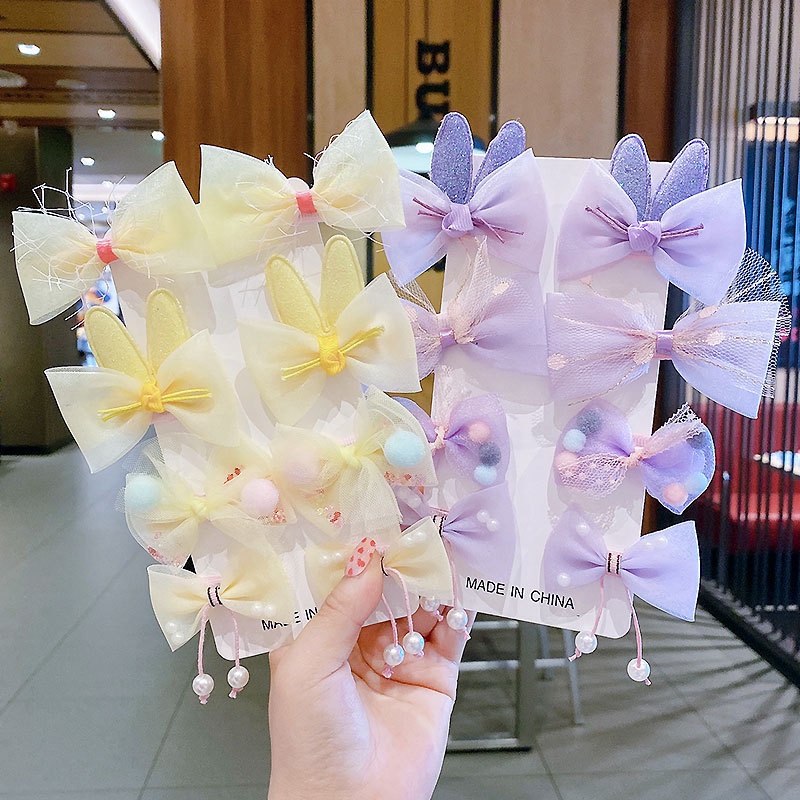 Bow Mesh Hair Clip Set Girls Barrettes Cartoon Sweet Princess Pearl ...