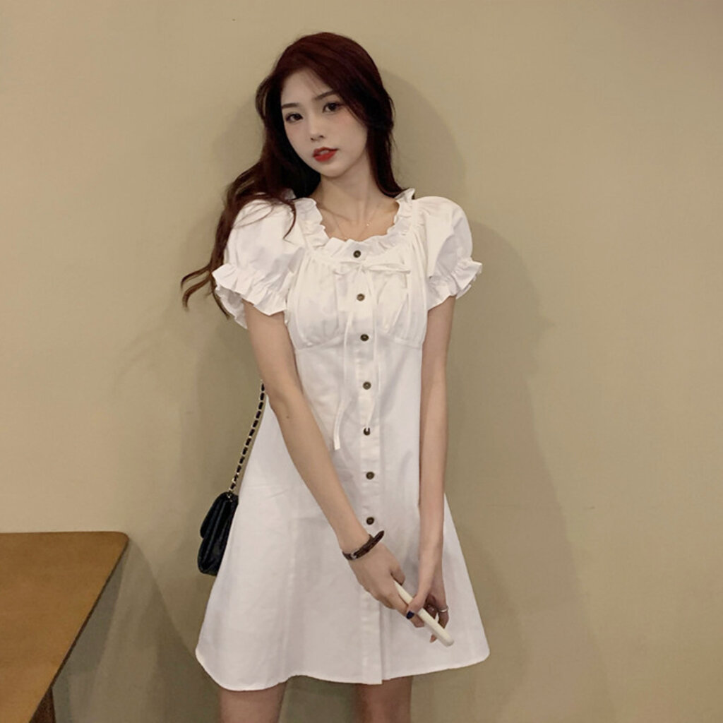 พร้อมส่ง Piki white dress เดรสแขนสั้นสีขาวงานสวย (IN34369 ...