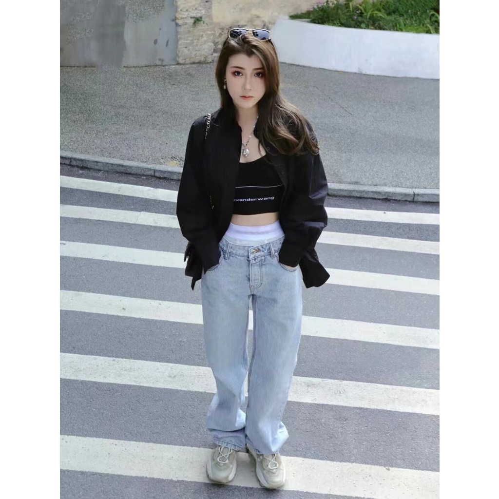 Aw Big Wangs Home 2022 กางเกงยีนขายาว ทรงตรง เอวคู่ พิมพ์ลายตัวอักษร ...