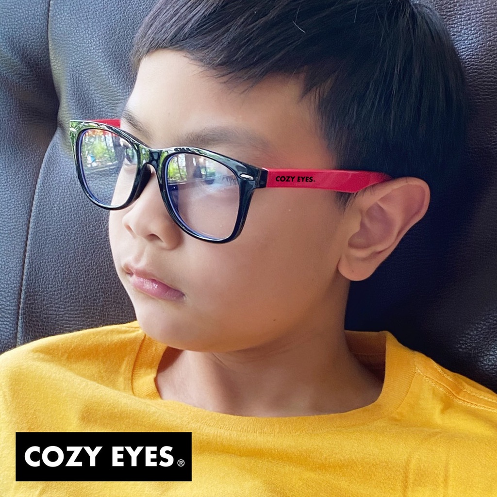 แว่นกรองแสงฟ้า COZY EYES กรอบดำ ขาแดง สำหรับเด็ก 6-15 ปี รุ่น Premium ...