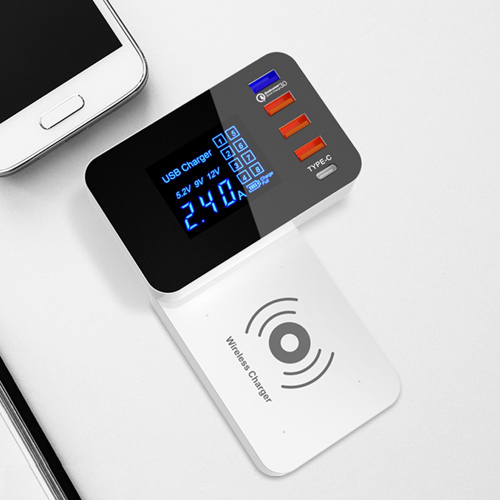 QI Wireless Charger Quick Charge 3.0 Type C USB Charger HUB Led Display ...