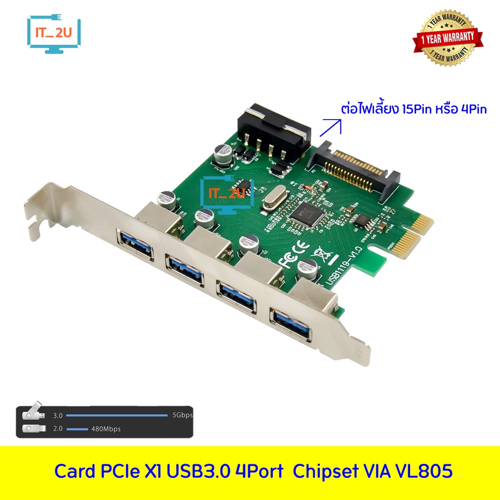 PCI Express X1 USB3.0 4Port Chipset VL805 Expansion Card การ์ดยูเอสบี ...