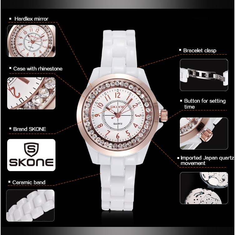 Skone Brand white ceramic women watches luminous rhinestones quartz ...
