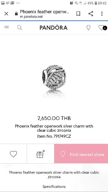 Pandora phoenix feather openwork silver charm with clear cubic zirconia ...
