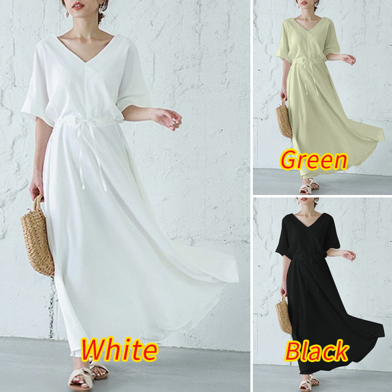 ZANZEA Women Casual V Necl Short Sleeve Drawstring Waist Swing Maxi ...
