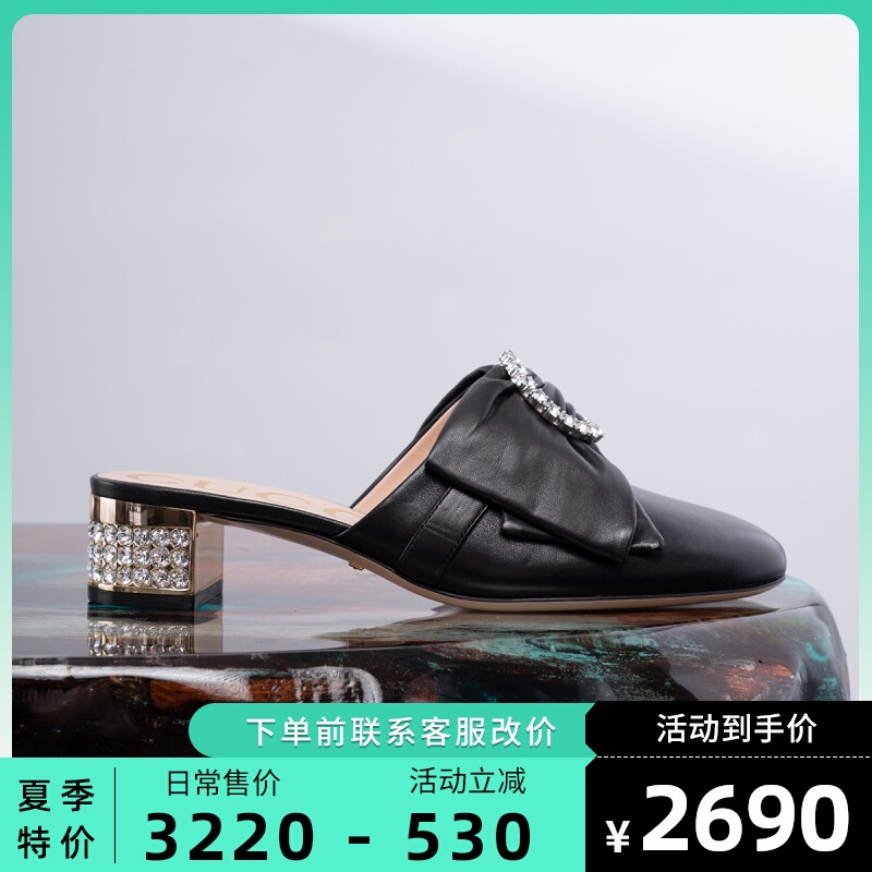 เวอร์ชั่นเกาหลีGUCCI Gucci หนังสีดำหัวเข็มขัดคริสตัล Muller รองเท้าส้น ...