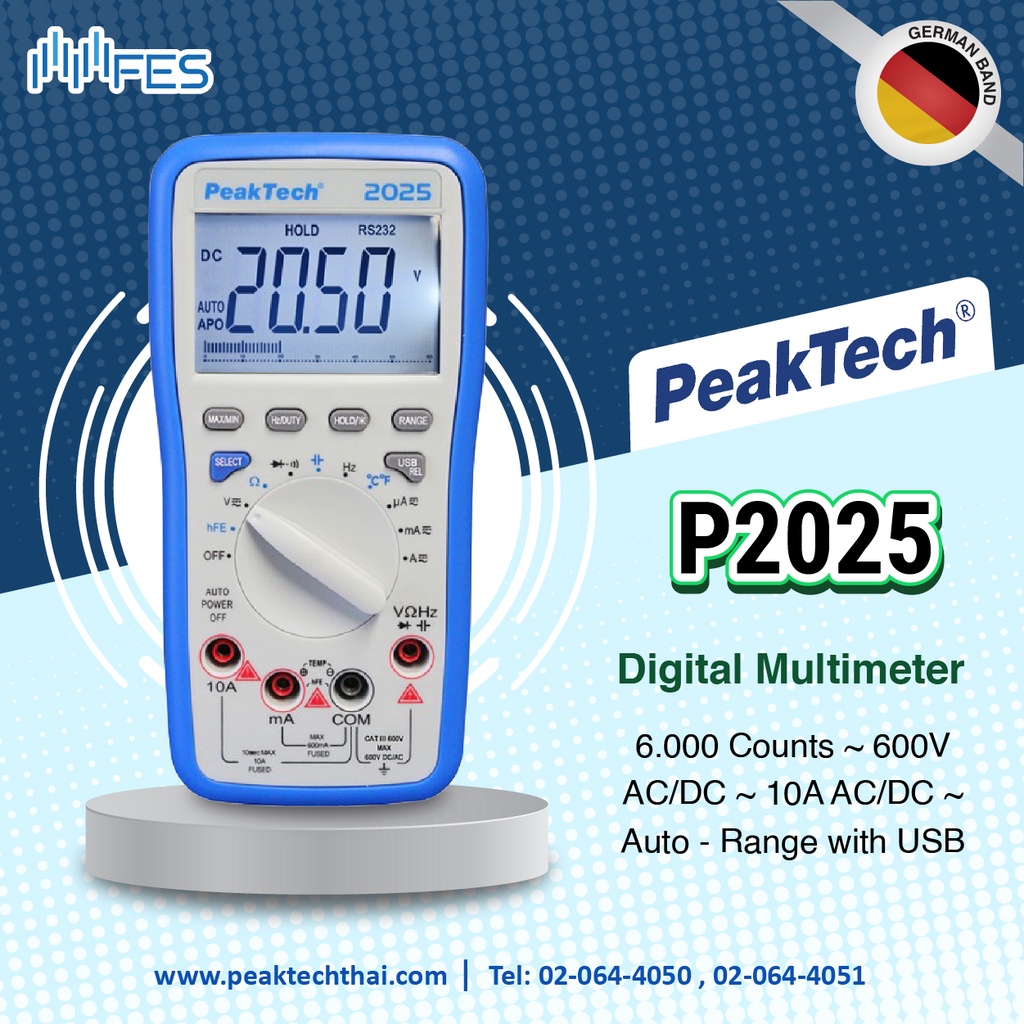 ดิจิตอลมัลติมิเตอร์ PeakTech P2025 6.000 Counts 600V AC/DC 10A AC/DC ...
