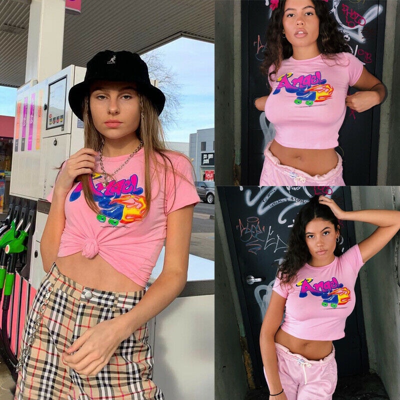 แฟชั่นสตรีเสื้อครอปแขนสั้นพิมพ์ลายตัวอักษร Angel - lark.th - ThaiPick