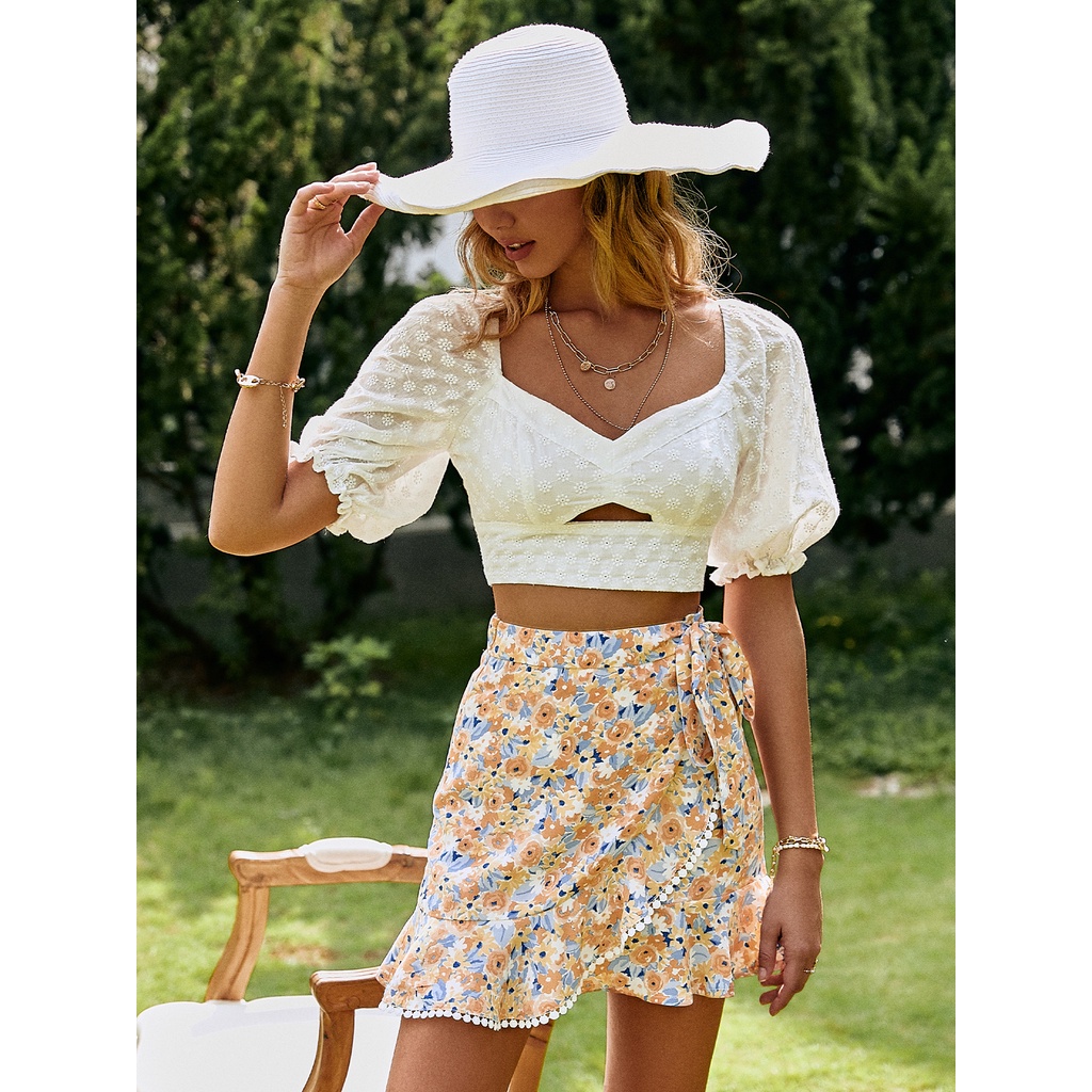 Simplee Holiday floral ruffle lace up women skirts summer Boho ...