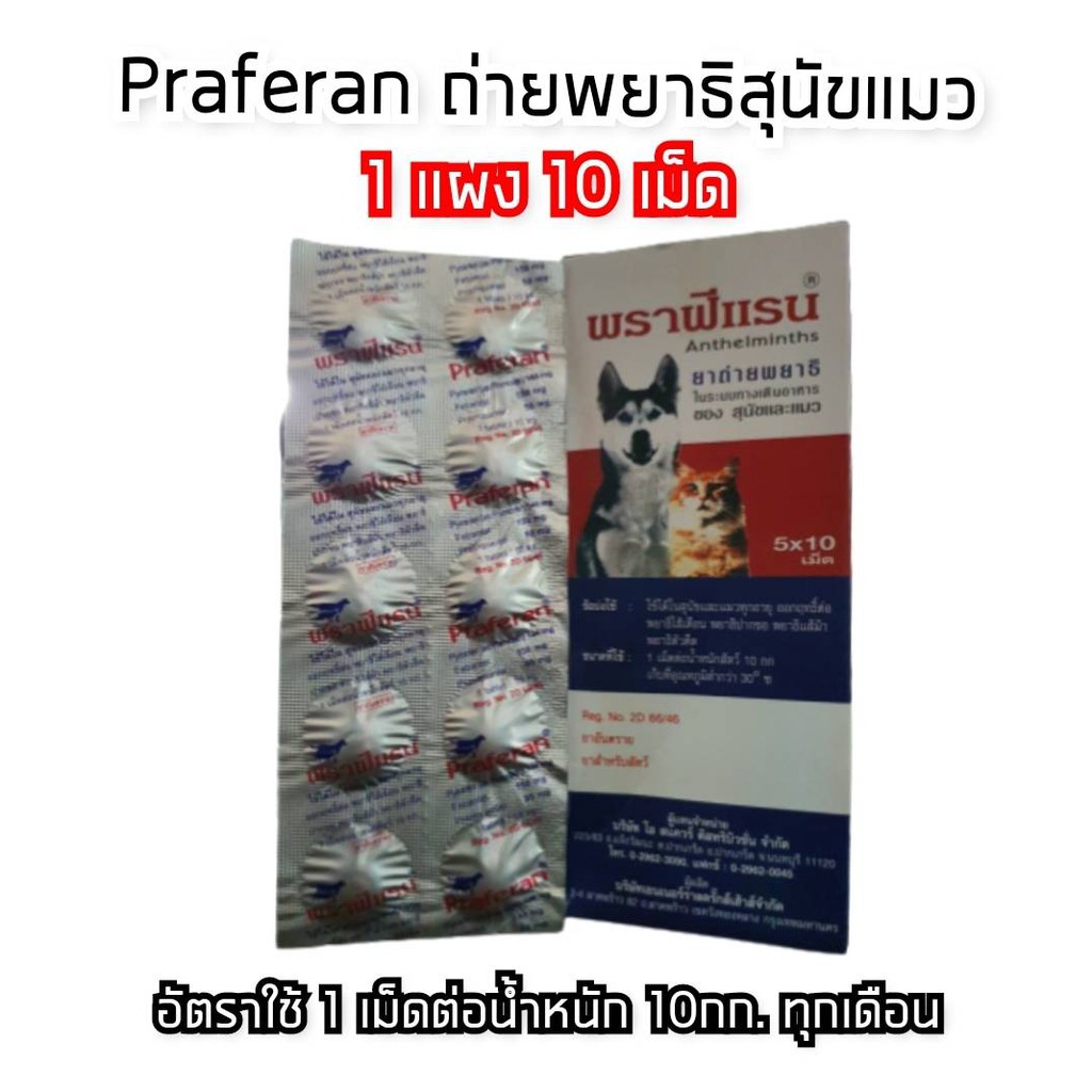 1แผง 10 เม็ด Donfontel พราฟีแรน Praferan ชนิดเม็ด ถ่ายพยาธิ สำหรับสุนัข ...