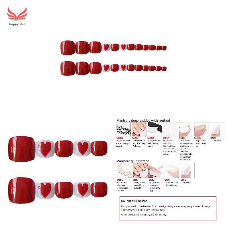 Charming Red Love Heart Fake Toe Nails Fashion Pure Color Toenail DIY ...