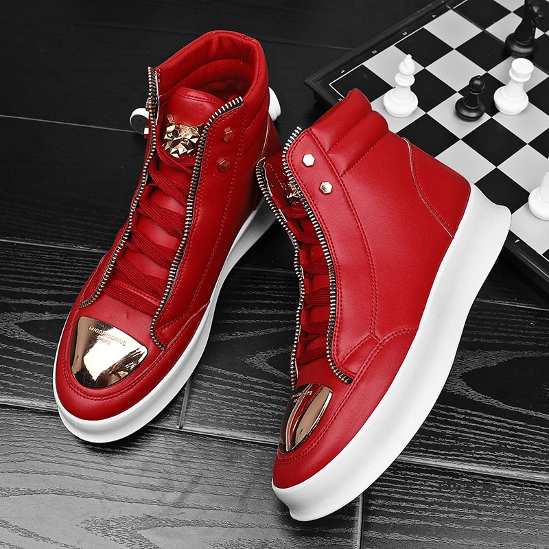 Red Snakeskin High Top Sneakers Men Flat Casual Sneakers Zipper Fashion ...