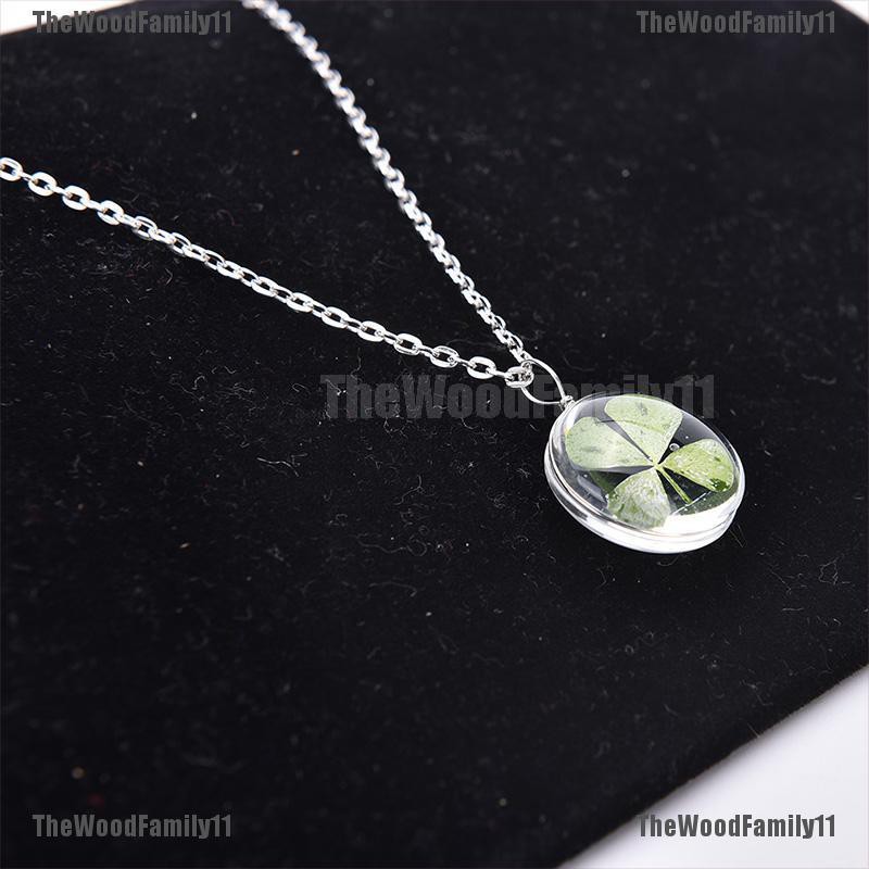 「THF」Real Green Lucky Shamrock Four Leaf Clover Round Pendant Necklace ...