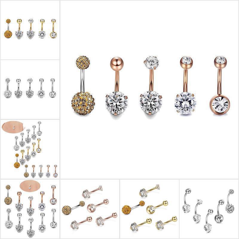 [LHGC] 5PCS/Set Stainless Steel Crystal Navel Belly Button Rings Bar ...