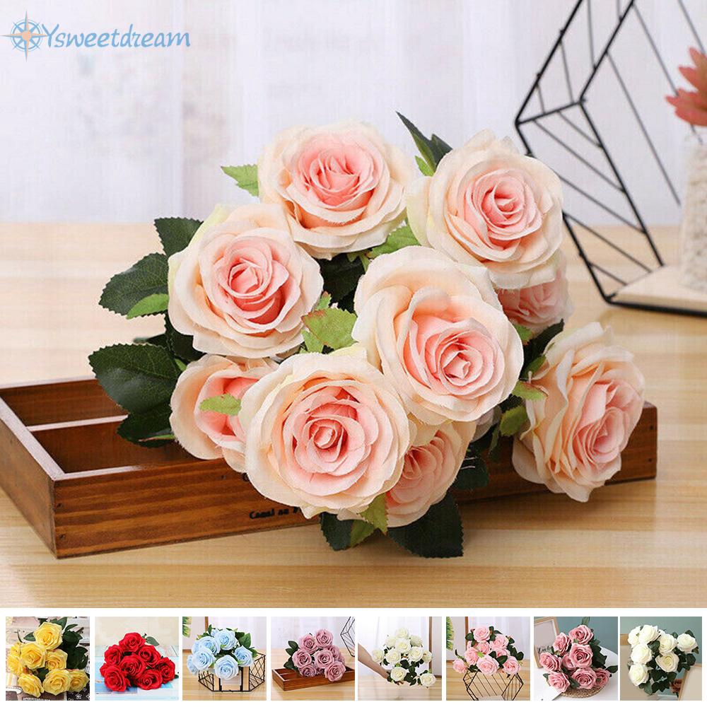10 Heads Artificial Rose Bouquet Silk Fake Flowers Wedding Party ...