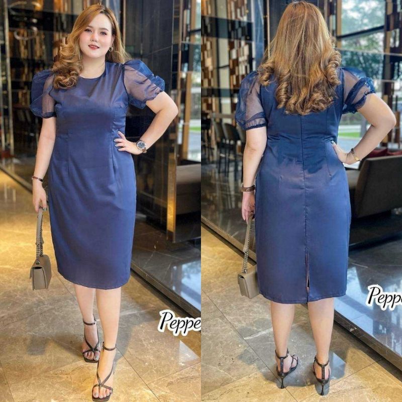 เดรสสาวอวบ ไซส์ 3XL-6XL เดรสเรียบหรู แขนผ้าแก้วพองๆน่ารัก ซับในทั้งชุด ใส่ได้หลายโอกาสนางแบบใส่ ...