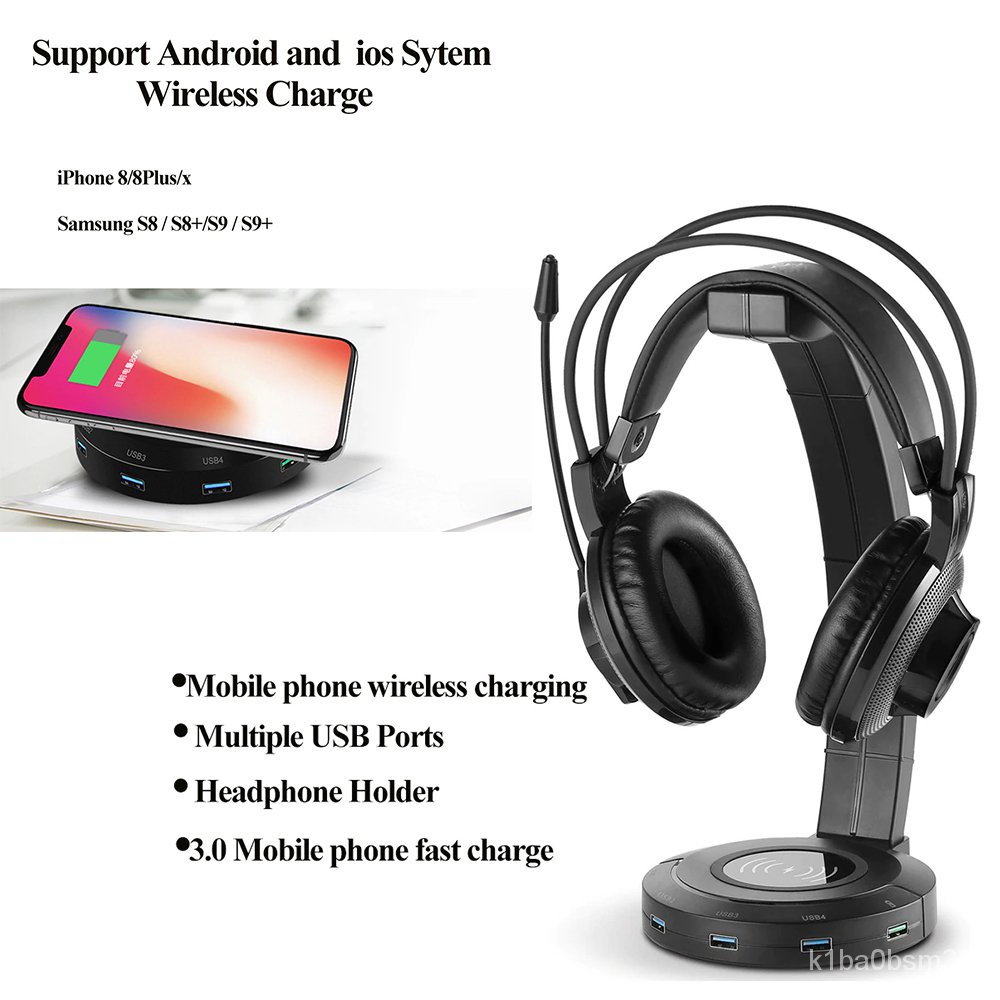 Headphone Stand USB 3.0 Hub with 10W Wireless Charging RGB Light LED ...