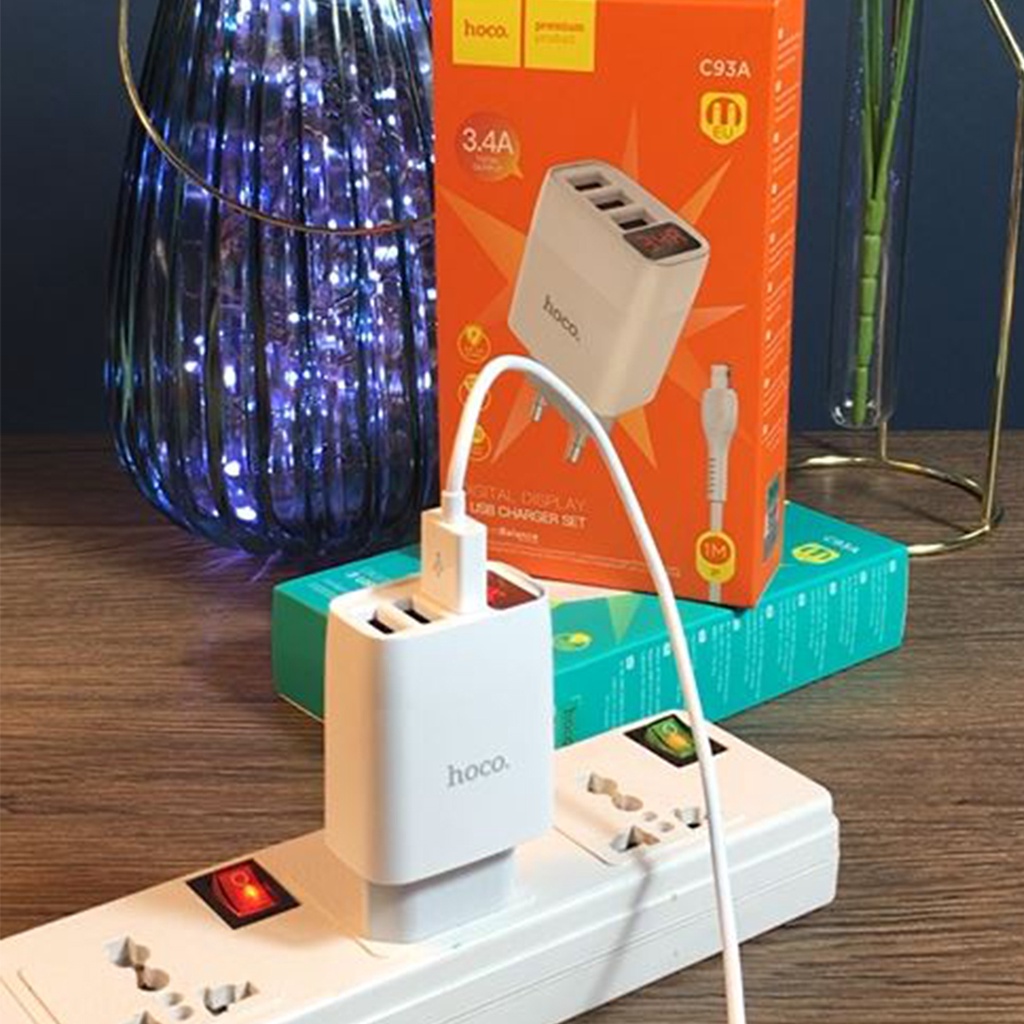 New HOCO C93A ปลั๊กชาร์จ 3-พอร์ต หน้าจอดิจิตอล charger set(Type-C forϊ-PhonεMicro)(EU) สีขาว ...