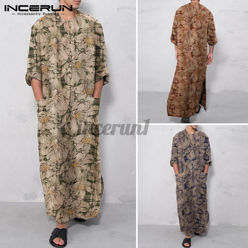 INCERUN Men Linen Ethnic Floral Long Sleeve V Neck Baggy Long Top ...