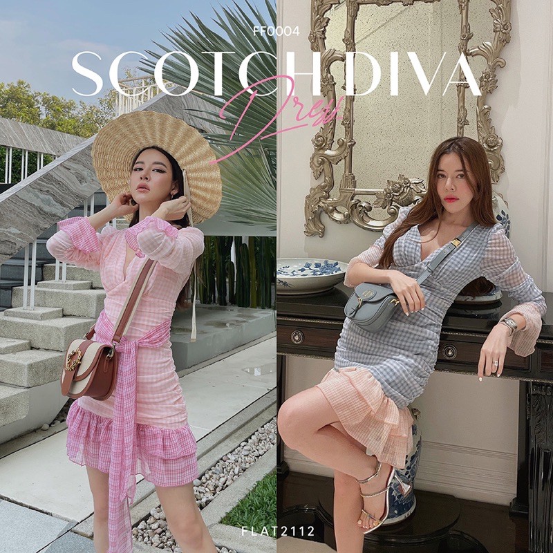 FLAT2112 FF0004 : SCOTCH DIVA DRESS เดรสเข้ารูป ผ้าตาข่าย ลายสก็อตสีพาส ...