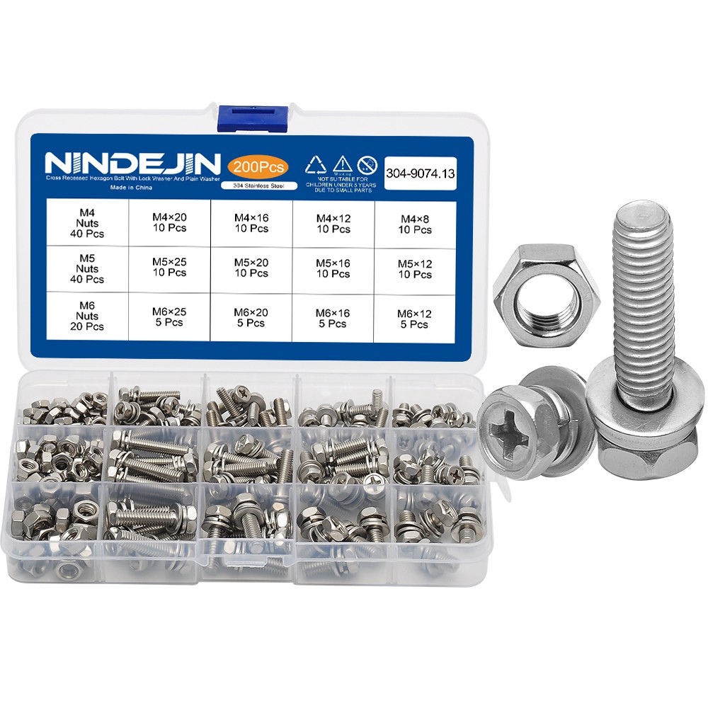 NINDEJIN 200pcs/set สกรูหัวแบนหกเหลี่ยมสแตนเลสพร้อมน็อตและแหวนรอง M4 M5 M6 | Shopee Thailand
