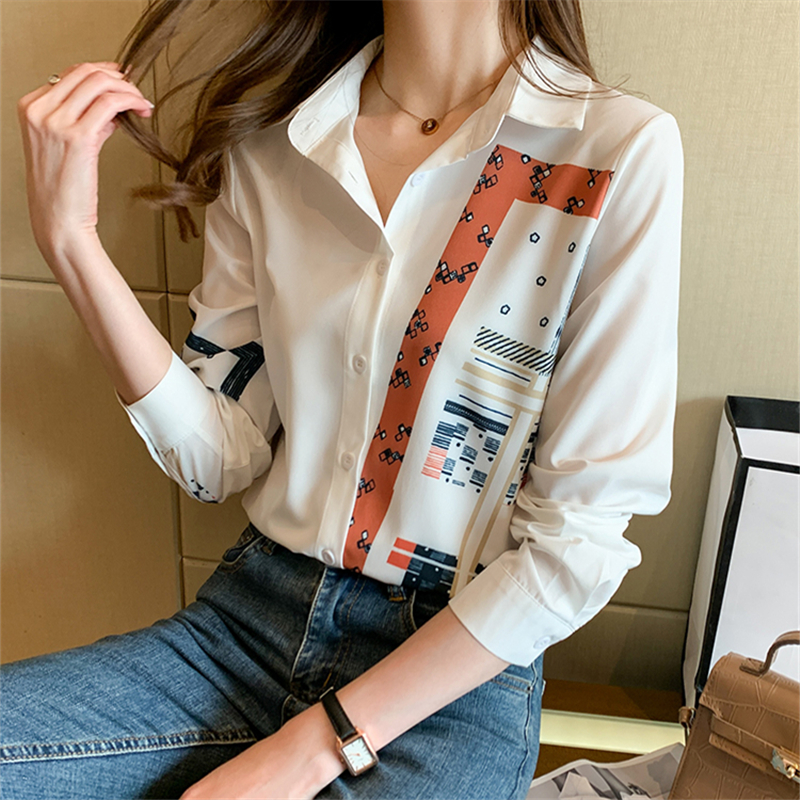 เสื้อเชิ้ตแขนยาวผ้าชีฟองพิมพ์ลายแฟชั่นสไตล์เกาหลีสําหรับผู้หญิง ...