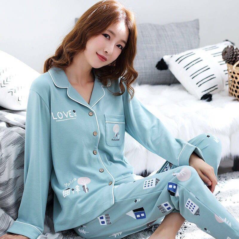 ชุดนอน ชุดนอนด้าย Pure Cotton Pajamas Ladies Spring And Autumn Long