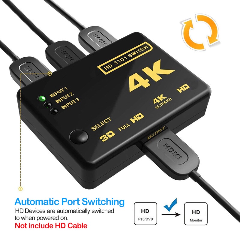 3 in 1 out HD Switch 4K x 2K เข้า3ออก1จอ อุปกรณ์เพิ่มช่อง HD 3ช่อง FULL HD 3D HD Switch Hub ...