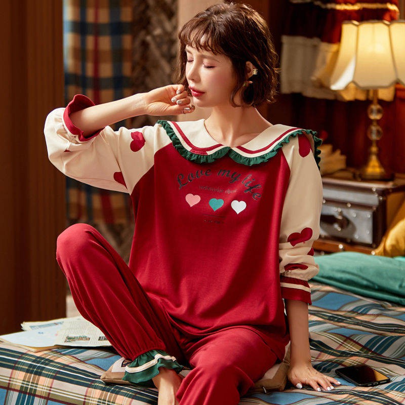 ชุดนอน ชุดนอนด้าย New Pajamas Ladies Spring And Autumn Long Sleeved Net