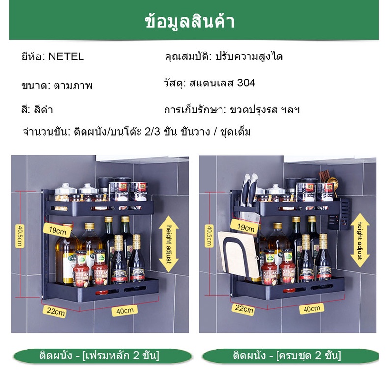 สรรเสริญและขายร้อน NETEL ชั้นวางเครื่องปรุง ชั้นวางของในครัว สีดำ 2/3 ...