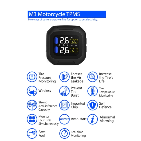 M3 Motorcycle TPMS Tire Pressure Monitoring System 2 External Sensor ...