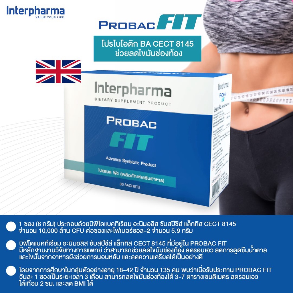 EXP 0823PROBAC FIT (โปรแบค ฟิต) 1 กล่อง มี 30 ซอง ซินไบโอติกเพื่อการคุม ...