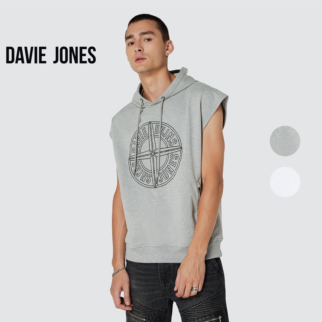 DAVIE JONES เสื้อฮู้ด แขนกุด สีเทา สีขาว Pullover Hoodie in Grey White ...