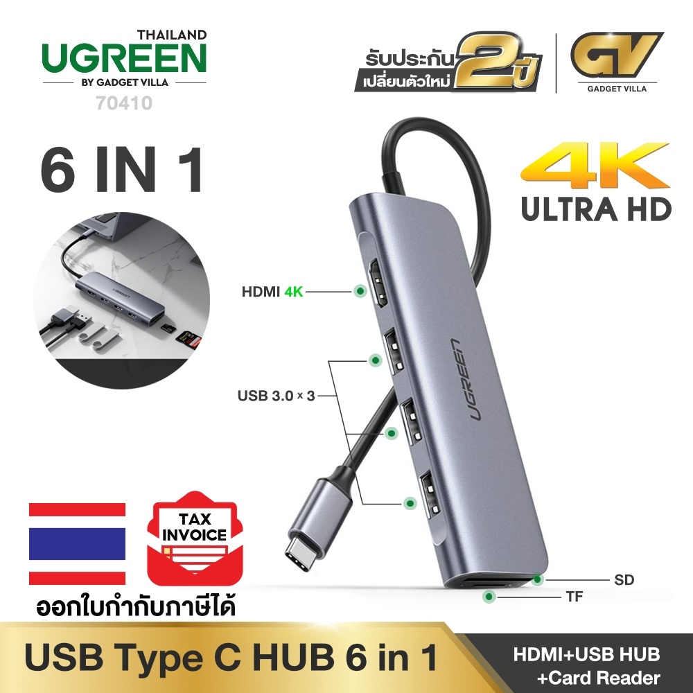 UGREEN รุ่น 70410 USB C HUB 6 in 1 ThunderBolt 3 HDMI 4K Card Reader SDTF USB 3.0 Hub 3 Port ...