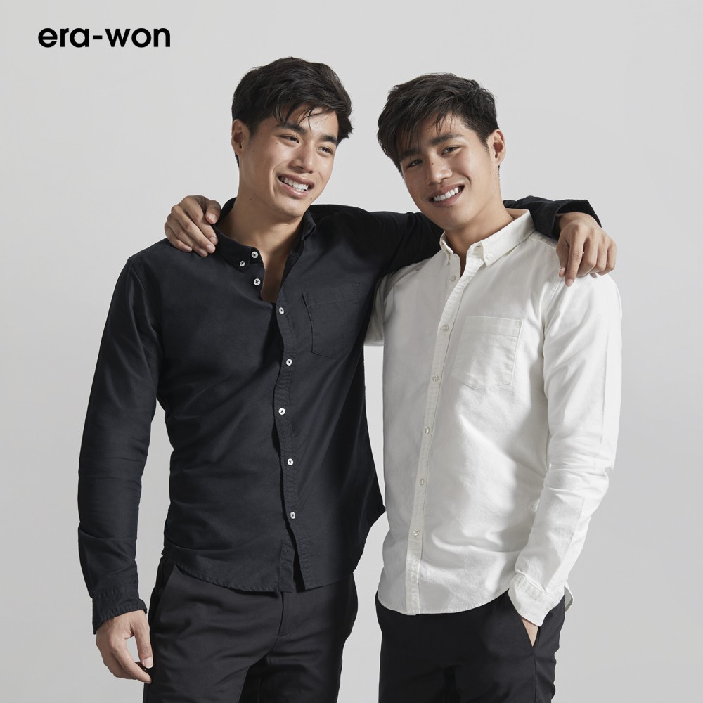 era-won เสื้อเชิ้ต ทรงสลิม Oxford Shirt แขนยาว สี Black / Creamy White ...