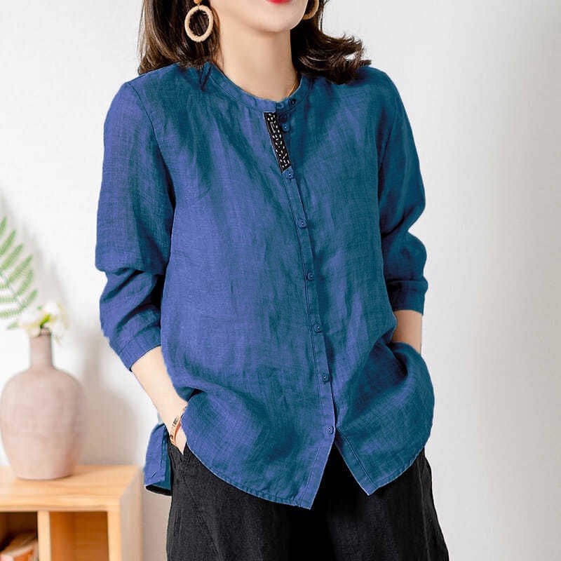 JS women blouse Retro imitation cotton linen 2021 summer new round ...