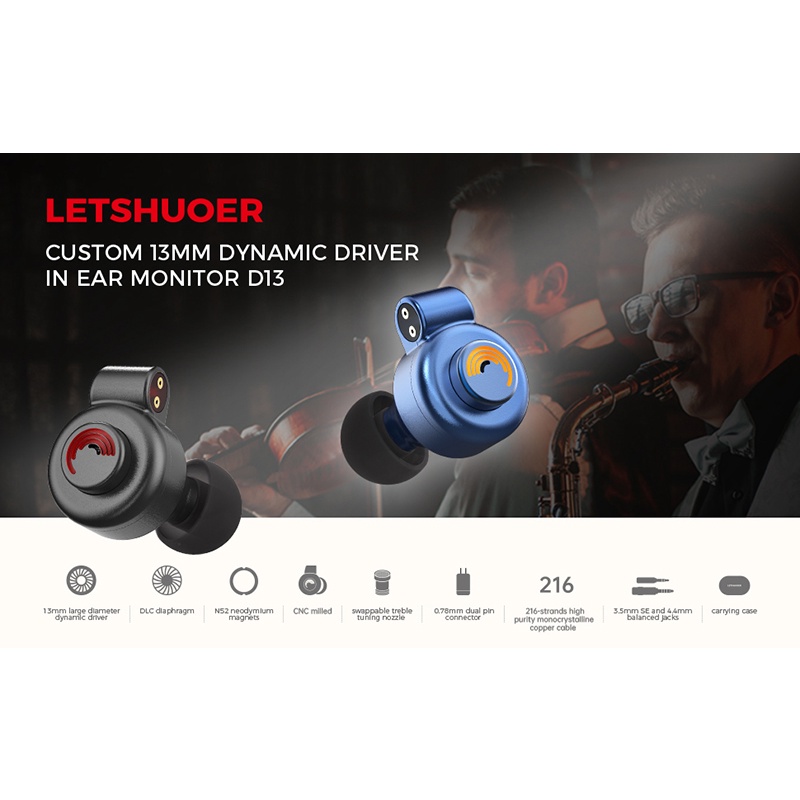 LETSHUOER D13 customize 13mm dynamic driver IEM moving coil headphones ...