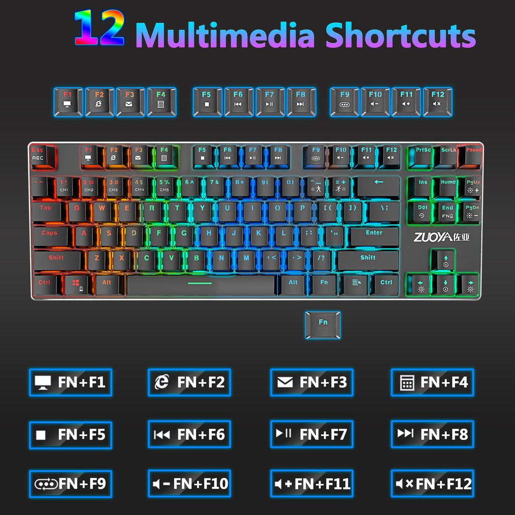 ZUOYA Mechanical Gaming Keyboard RGB 87 Keys Anti-ghosting LED Backlit ...